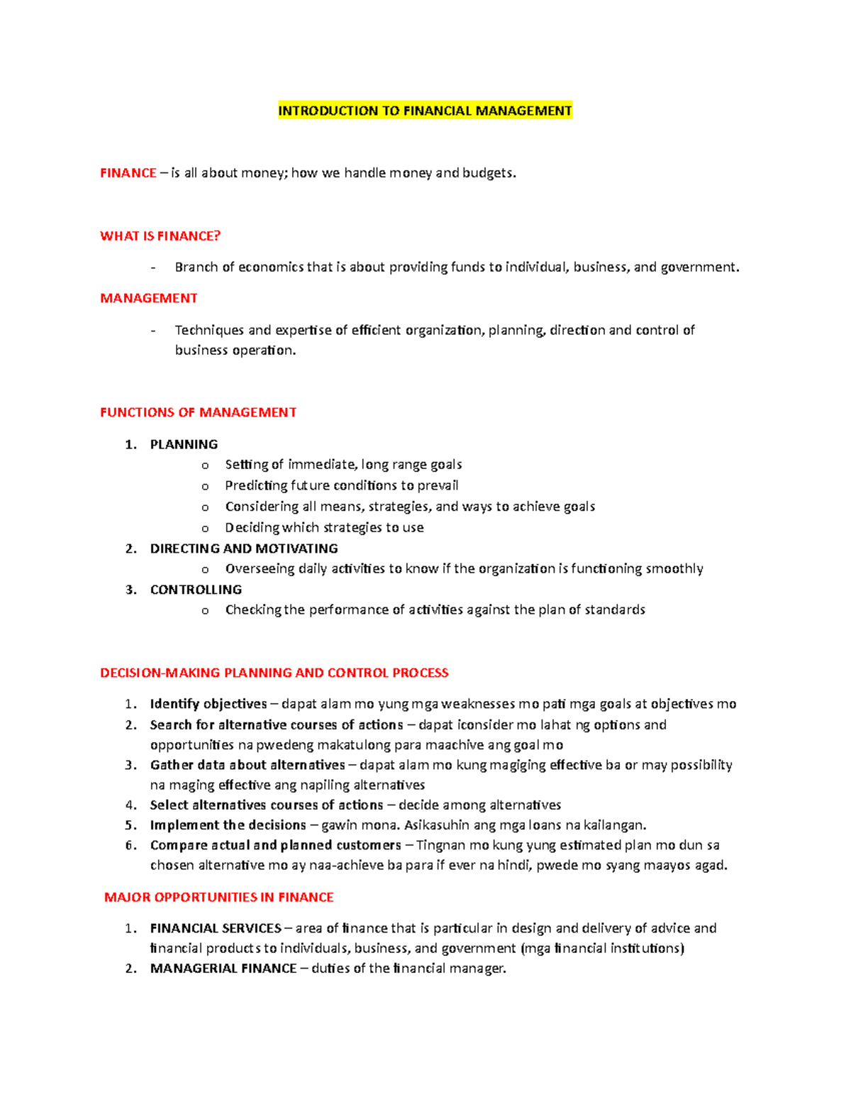 Introduction to Financial Management - Reviewer Notes - INTRODUCTION TO ...
