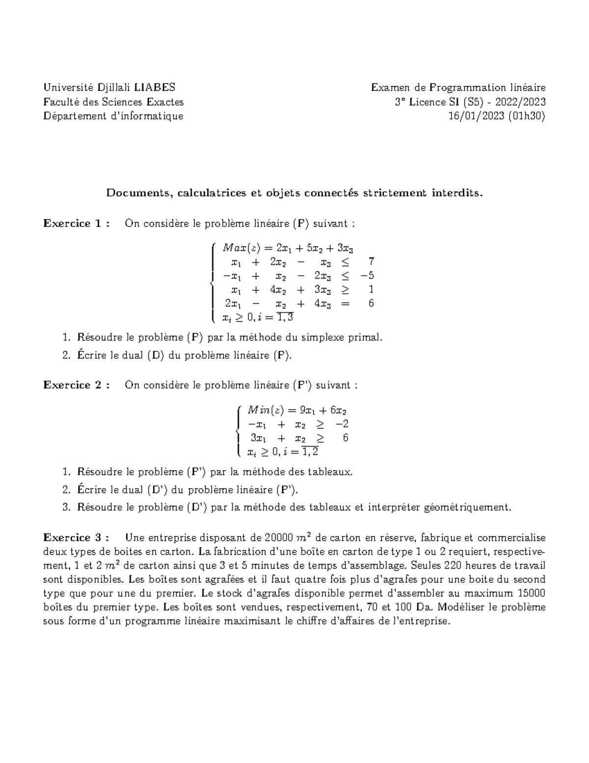 PL SI 22-23 corrigé - Exam solution 22/23 - Université Djillali LIABES ...