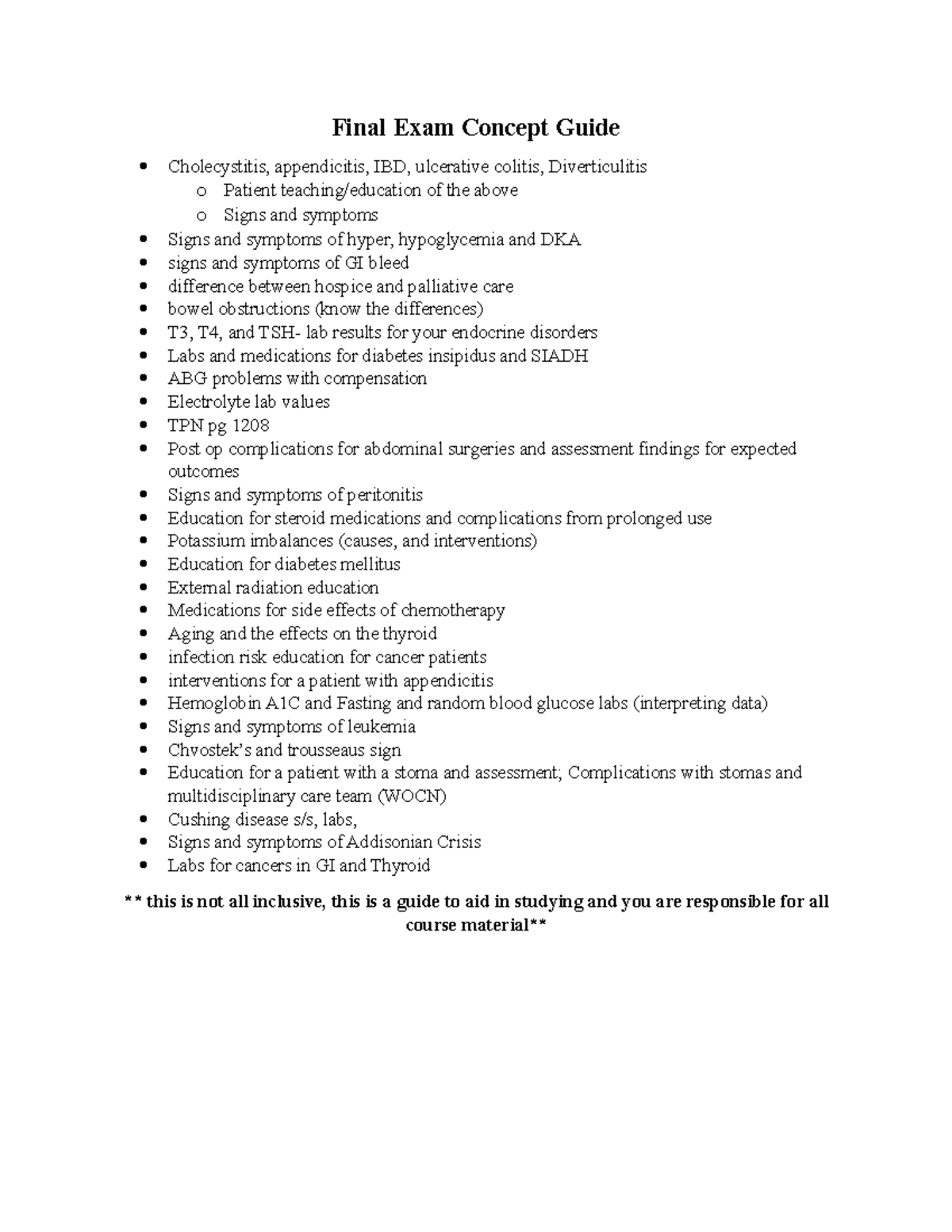 Final exam concept guide - Final Exam Concept Guide Cholecystitis ...