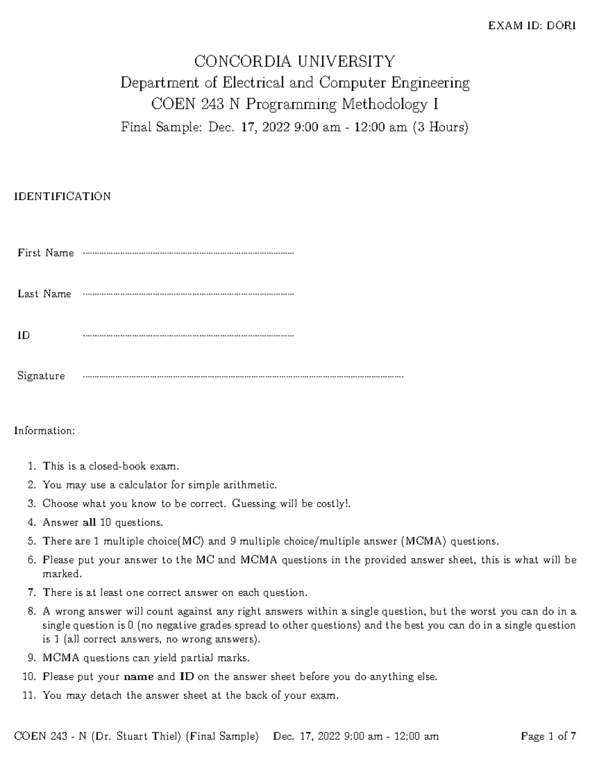 N DORI - Sample midterm exam - CONCORDIA UNIVERSITY Department of ...