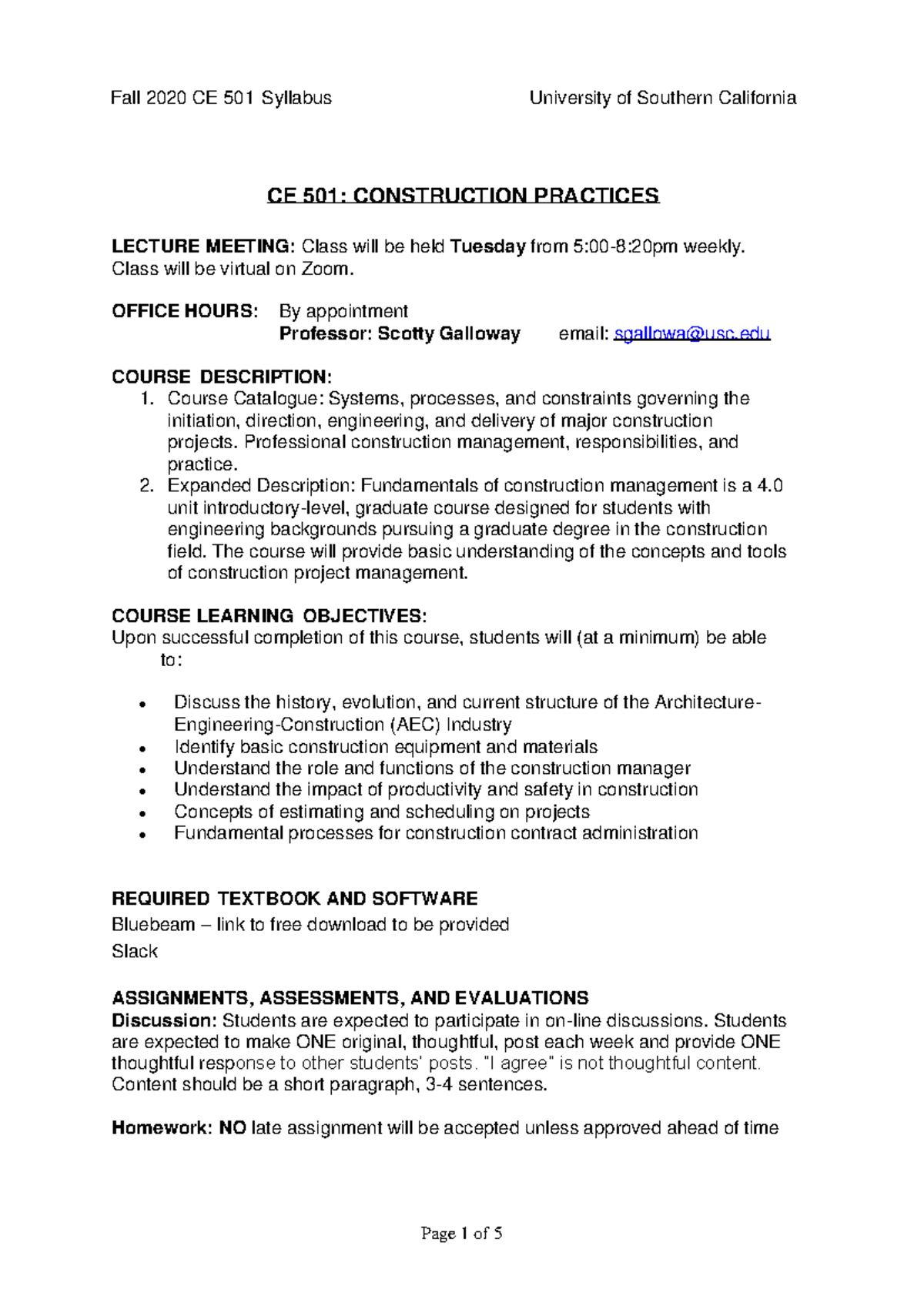 00 CE501 Syllabus - CE 501: CONSTRUCTION PRACTICES LECTURE MEETING ...