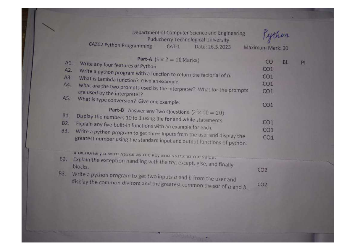 Python cat - Question papers - Department of Computer Science and ...