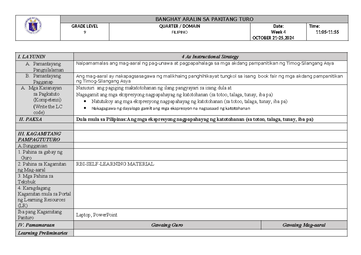 Week 4 DAY 3 - lecture - GRADE LEVEL 9 QUARTER / DOMAIN FILIPINO Date ...