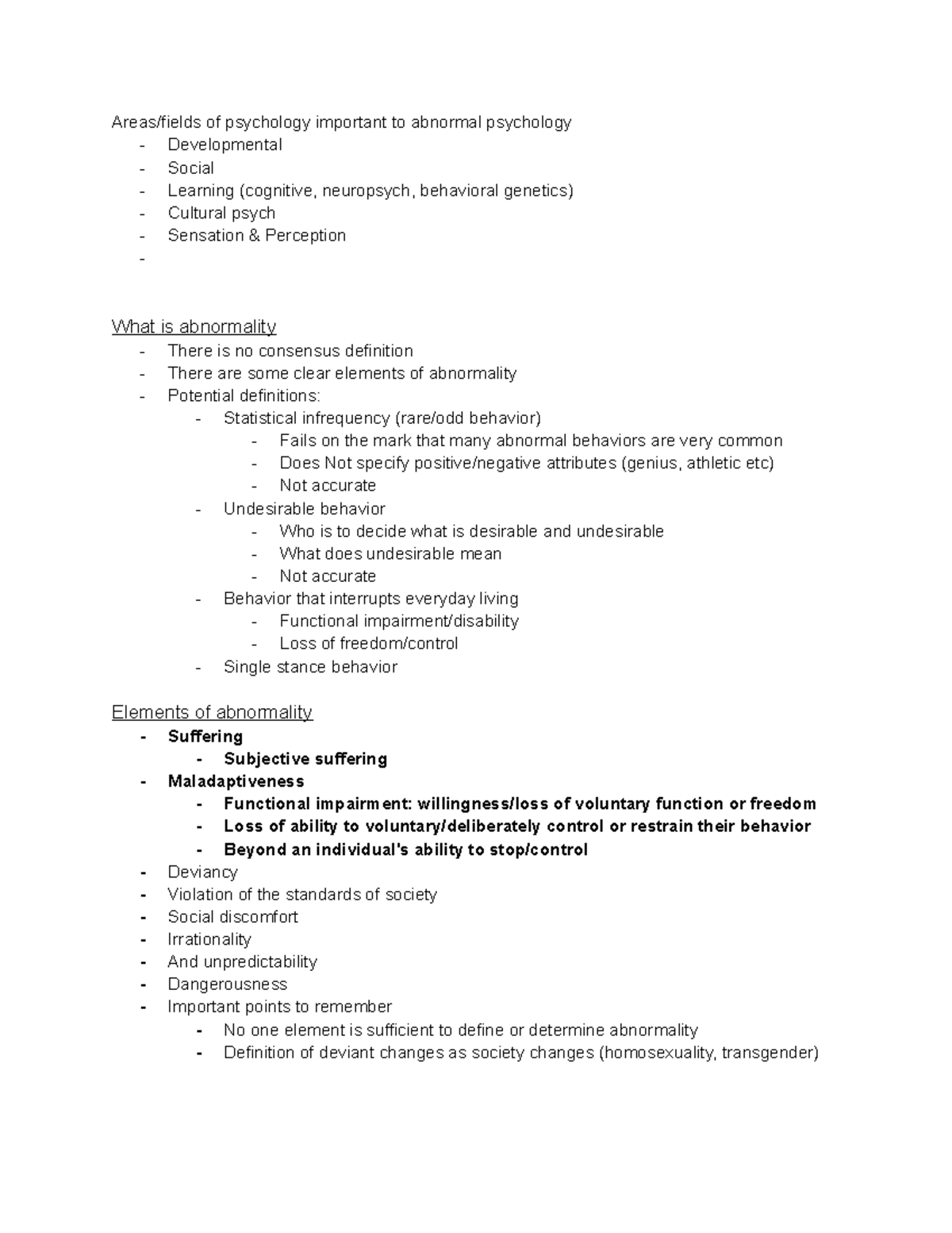 Abnormal Psych - Lecture notes - Areas/fields of psychology important ...