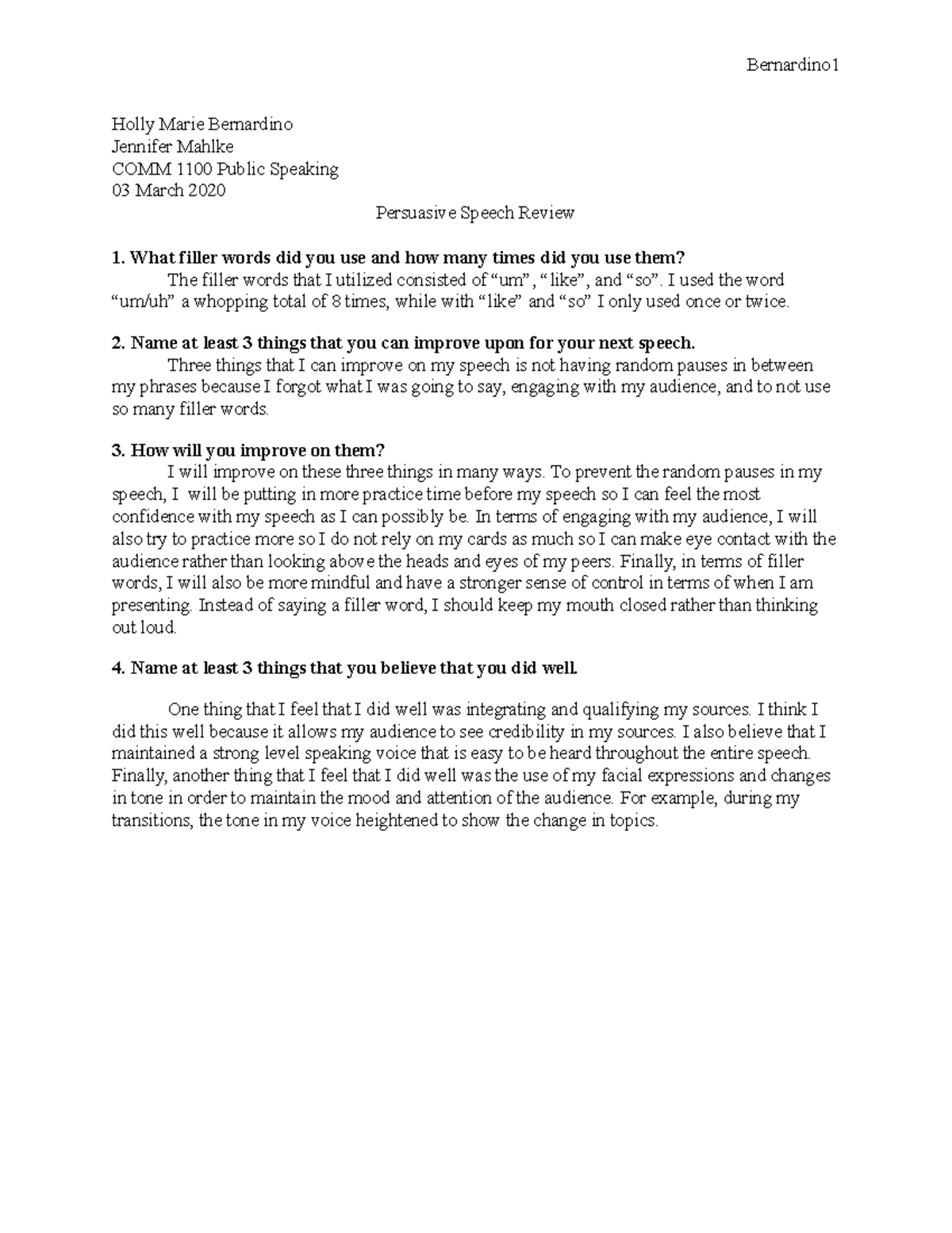 COMM 1100 Persuasive Speech Review - Bernardino Holly Marie Bernardino ...