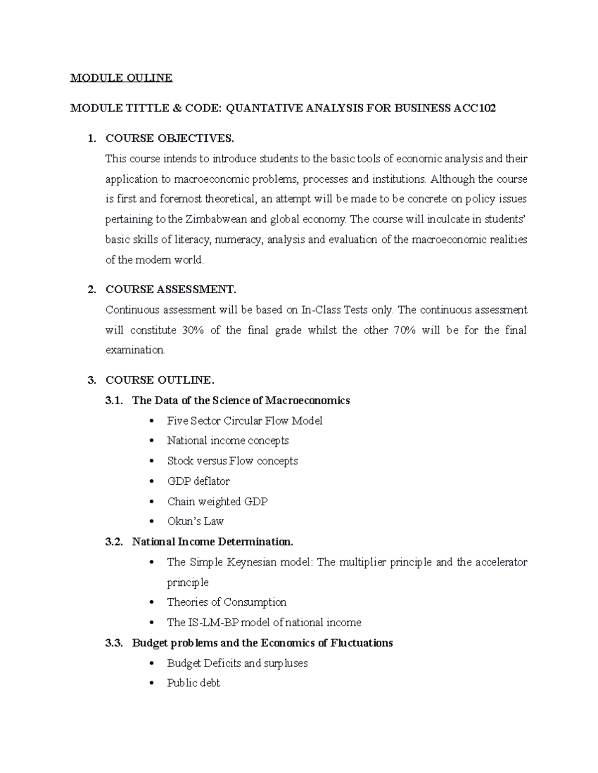 EC104 Course Outline - MODULE OULINE MODULE TITTLE & CODE: QUANTATIVE ...