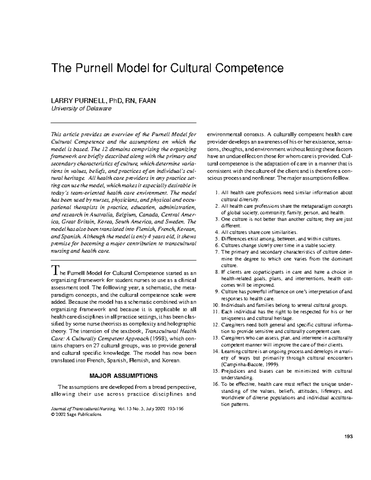 The Purnell Model for Cultural Competence - The 12 domains comprising ...