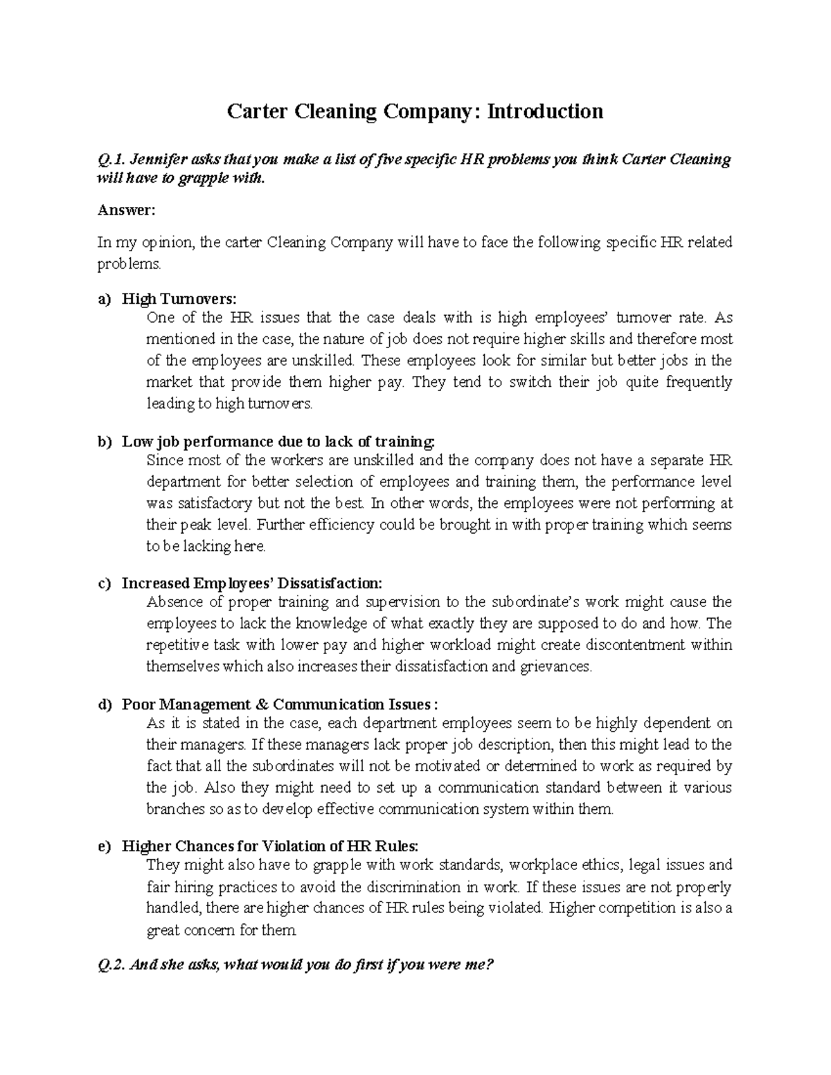 Pdfcoffee - Lecture notes 989 - Carter Cleaning Company: Introduction Q ...