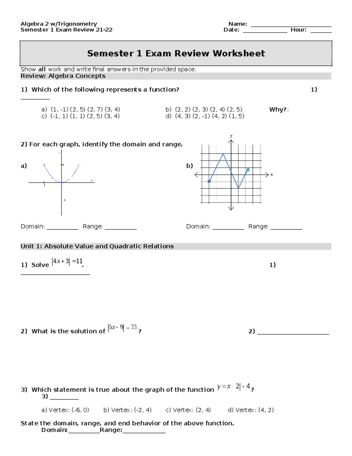 Semester 1 Exam Review Worksheet 21-22 - Algebra 2 w/Trigonometry Name ...