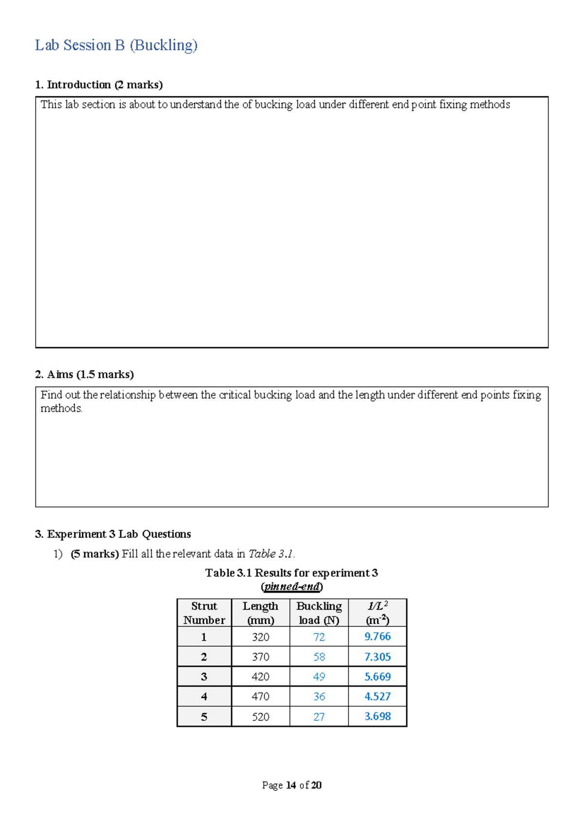 Lab B - lab report - Lab Session B (Buckling) 1. Introduction (2 marks) This lab section is ...