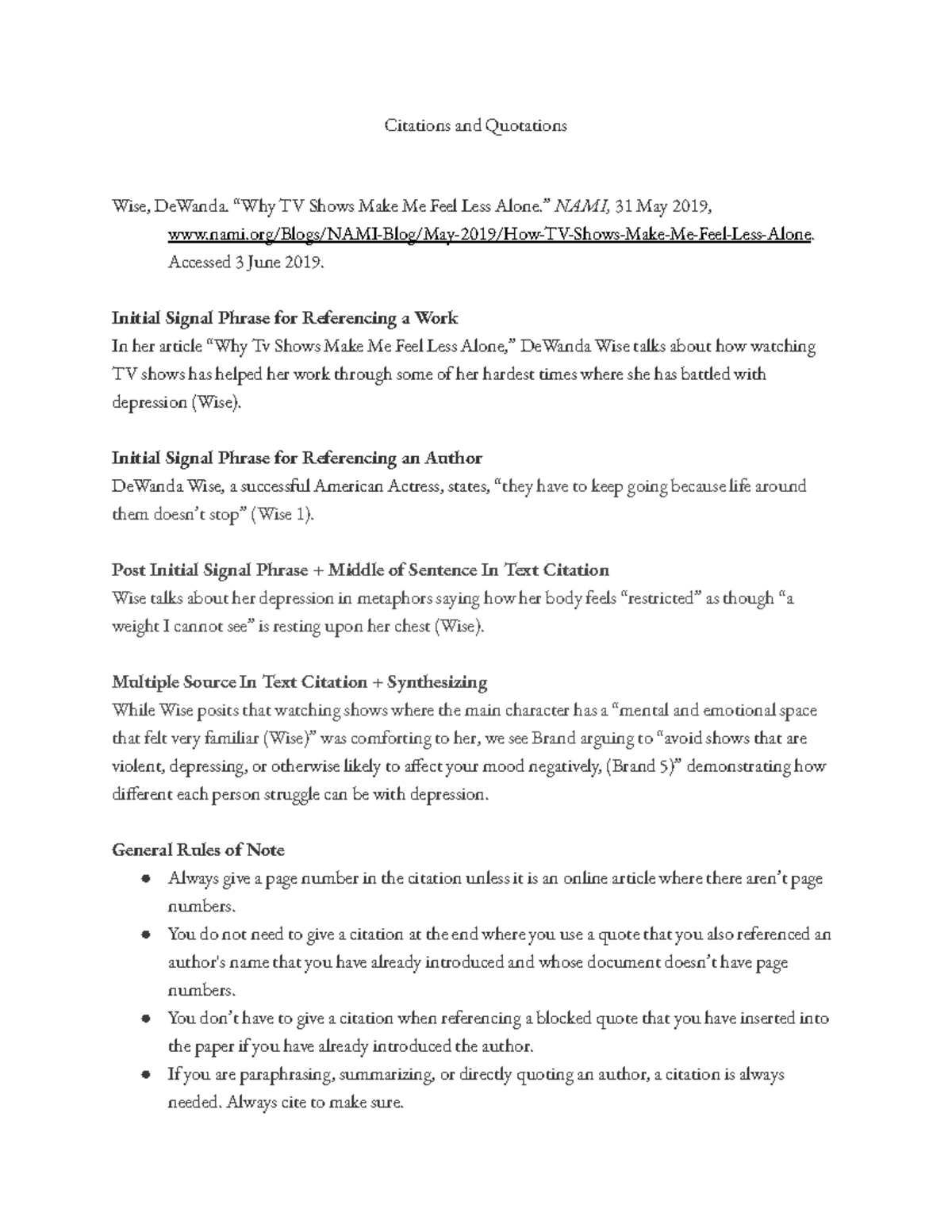 Citation Guide - key - Citations and Quotations Wise, DeWanda. “Why TV ...