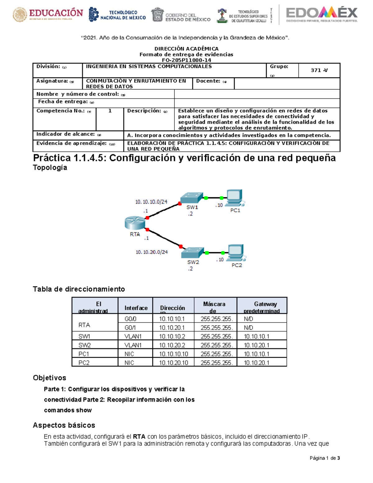 1.1.4.5 Packet Tracer - Configuring and Verifying a Small Network Instructions - Página 1 de 3 ...