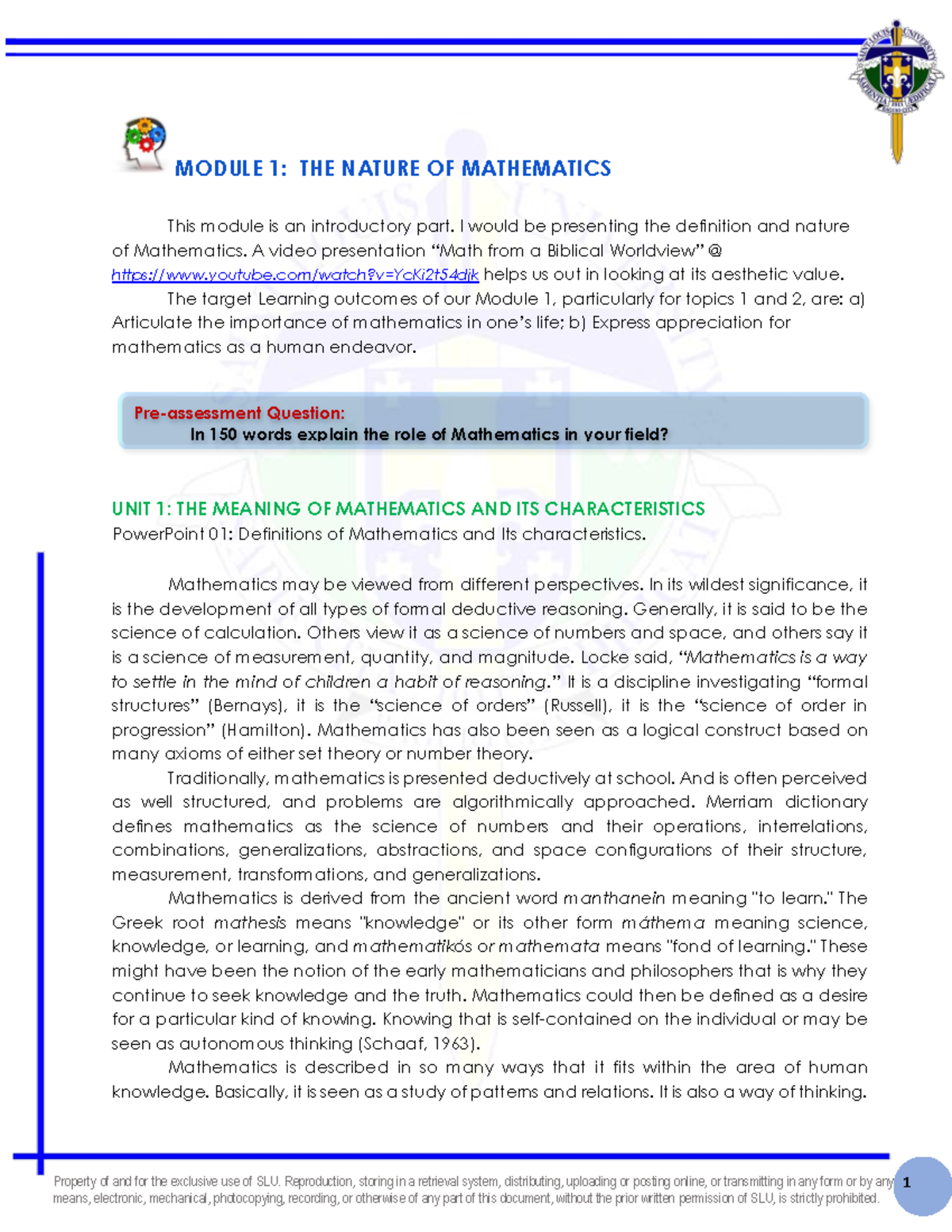 Module 1- Gmath - 4WYRYSFHX - Property of and for the exclusive use of ...