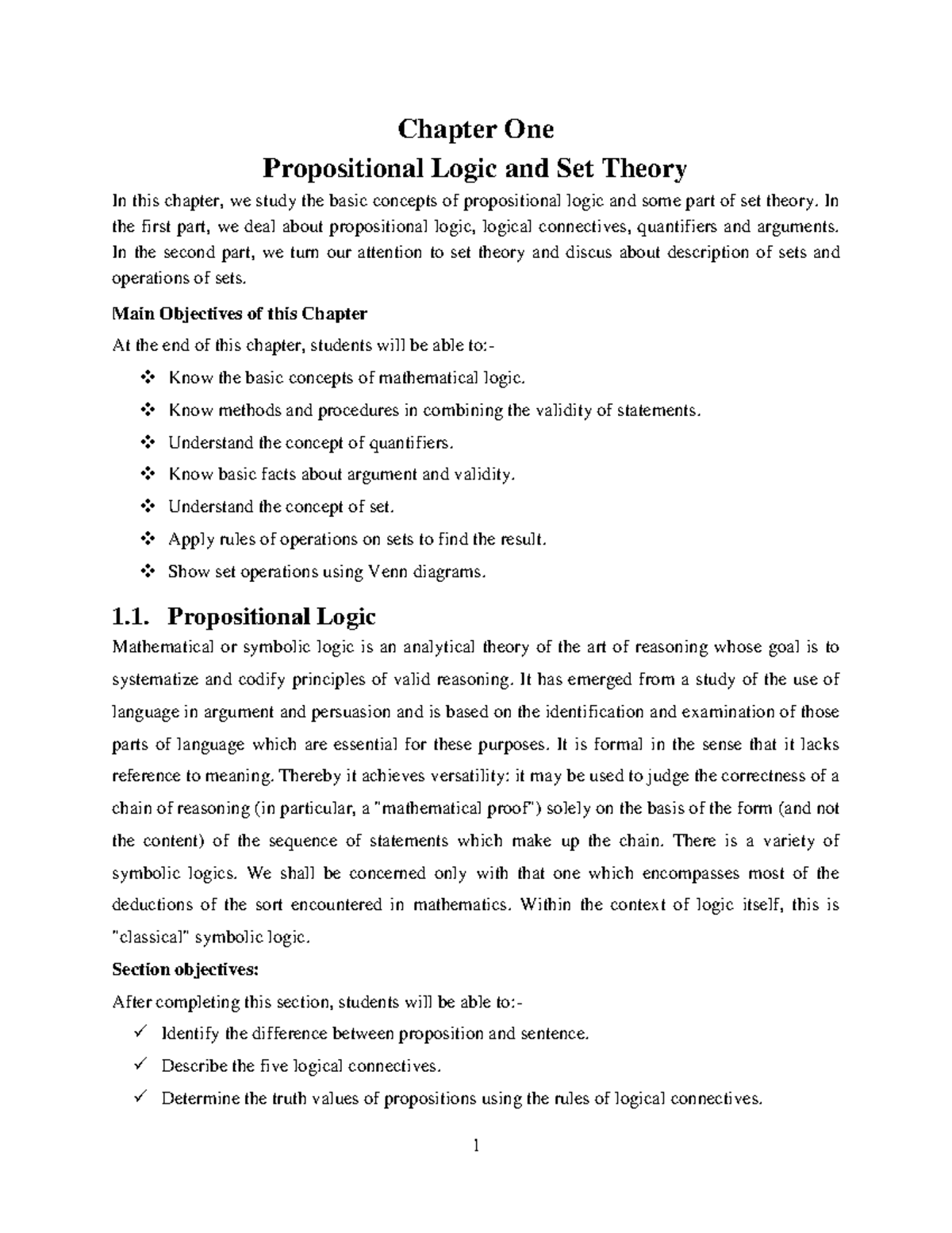 Chapter 1 math 1011 - Chapter One Propositional Logic and Set Theory In ...
