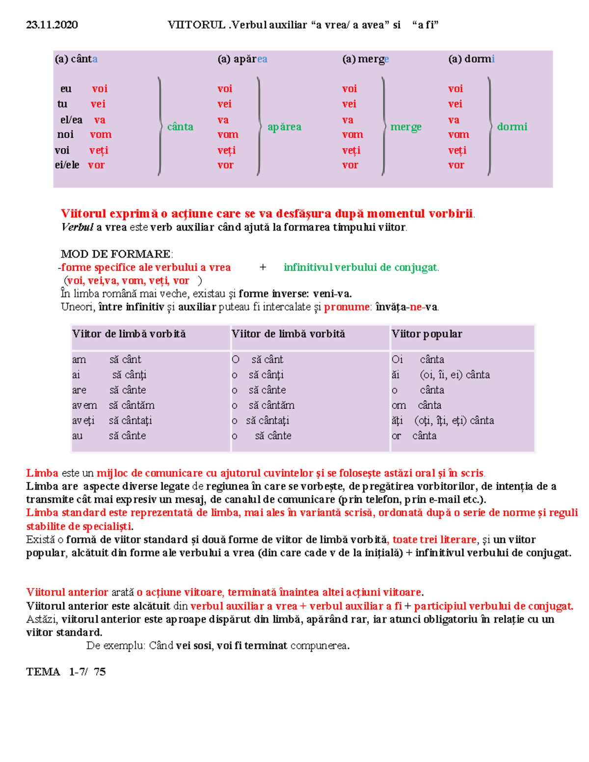 Scribd - 23.11 VIITORUL .Verbul auxiliar “a vrea/ a avea” si “a fi” Viitorul exprimă o acţiune ...