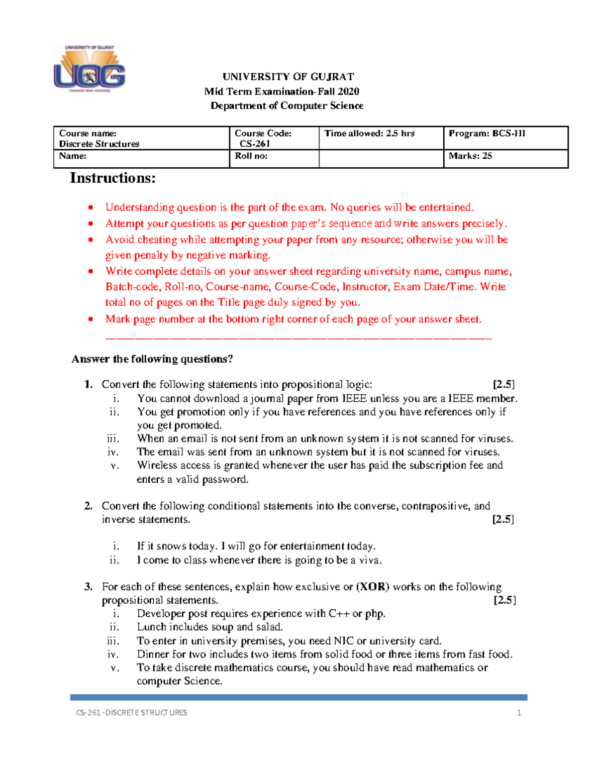 Discrete Structures - Final Term - CS- 261 - DISCRETE STRUCTURES 1 ...