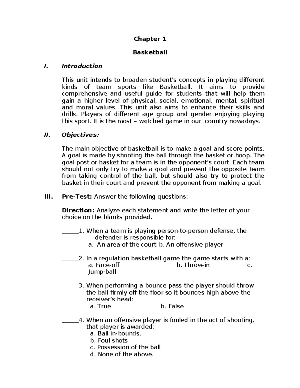 PE 3 Chapter 1 Basketball - Chapter 1 Basketball I. Introduction This ...