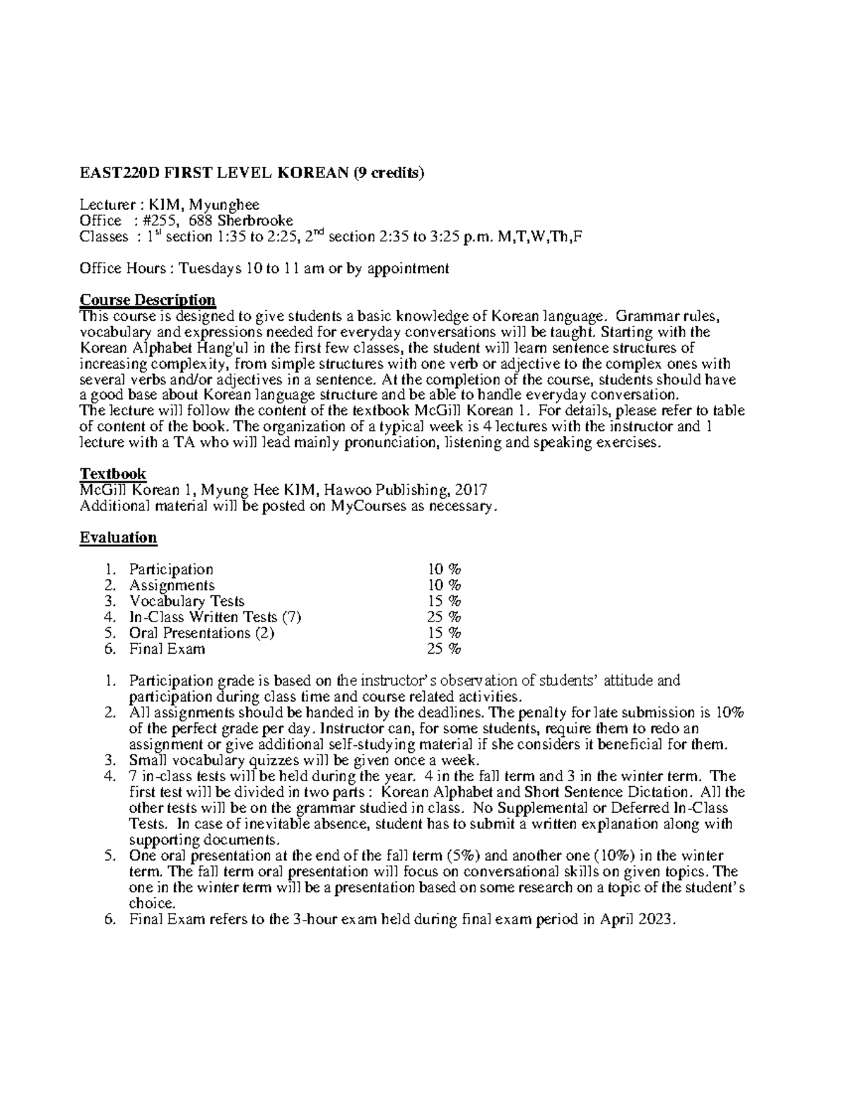 Korean syllabus - EAST220D FIRST LEVEL KOREAN (9 credits) Lecturer ...