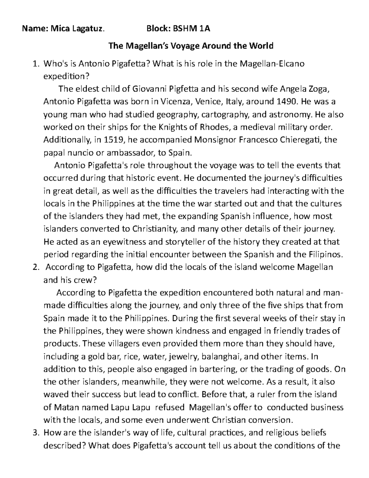 The Magellan’s Voyage Around the World La3 - Name: Mica Lagatuz. Block ...