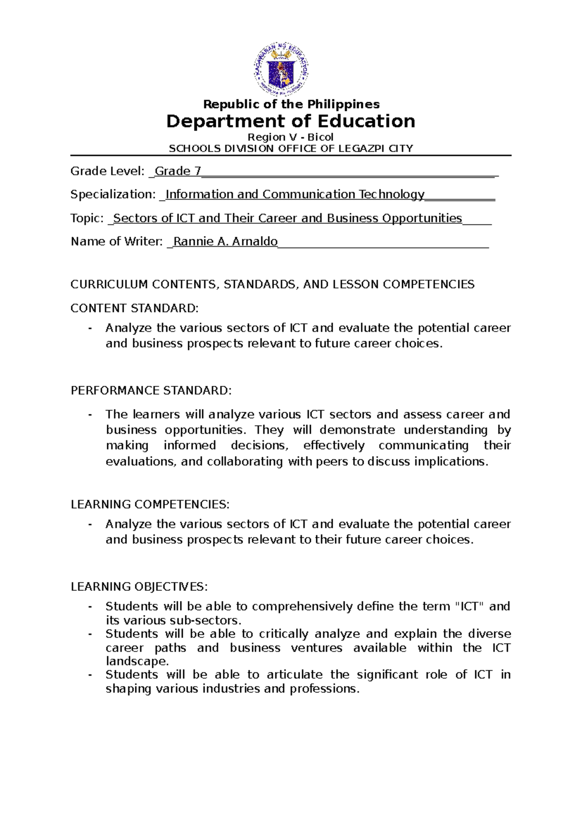 Arnaldo - Lesson Exemplar Sectors - Republic of the Philippines ...