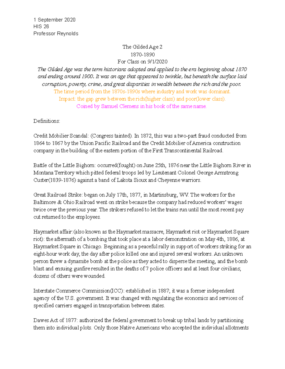 The Gilded Age 2- HIS 26 - Dr. Reynolds - 1 September 2020 HIS 26 ...