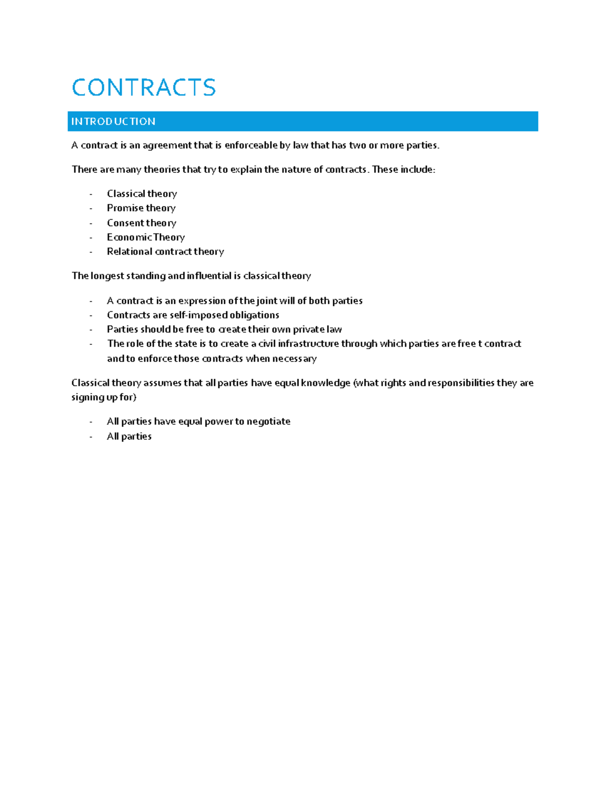 Contracts Final notes - CONTRACTS INTRODUCTION A contract is an ...