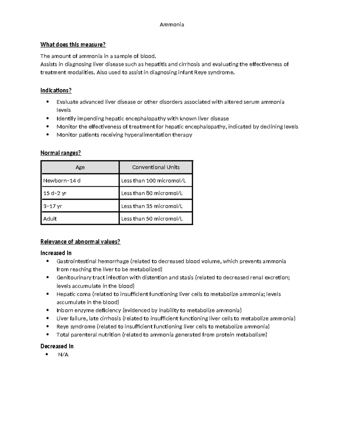 Ammonia - Bootcamp Prep Assignment - ED - Ammonia What does this measure? The amount of ammonia ...