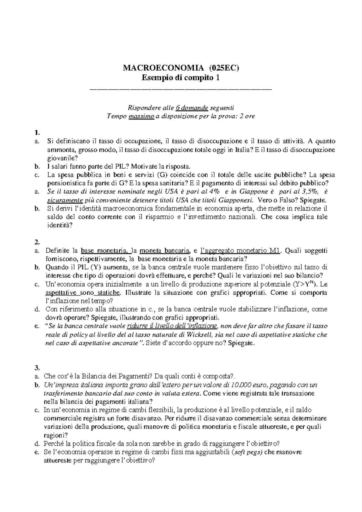 Esempio compito - MACROECONOMIA (025EC) Esempio di compito 1 - Studocu
