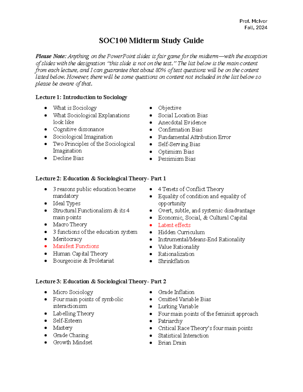 SOC100 Midterm Study Guide - Prof. McIvor Fall, 2024 SOC100 Midterm ...