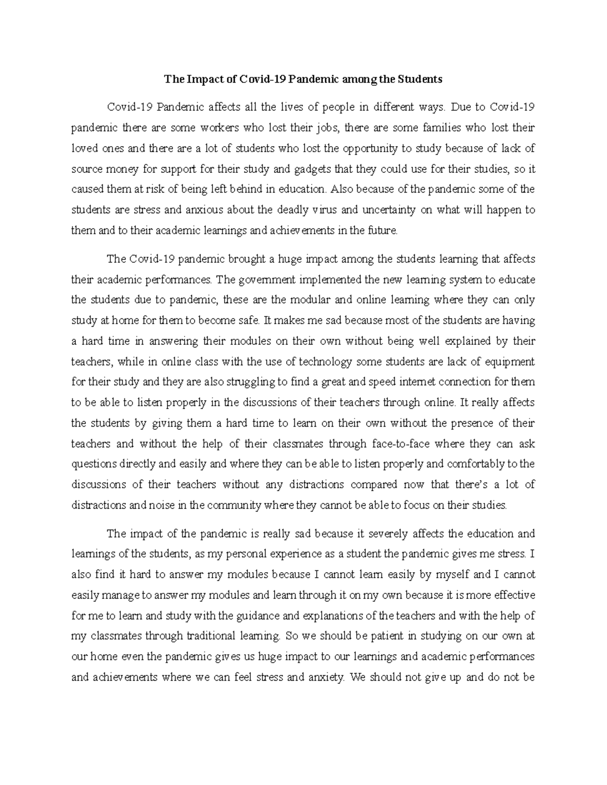 The Impact of Covid-19 Pandemic among the Students - Due to Covid ...