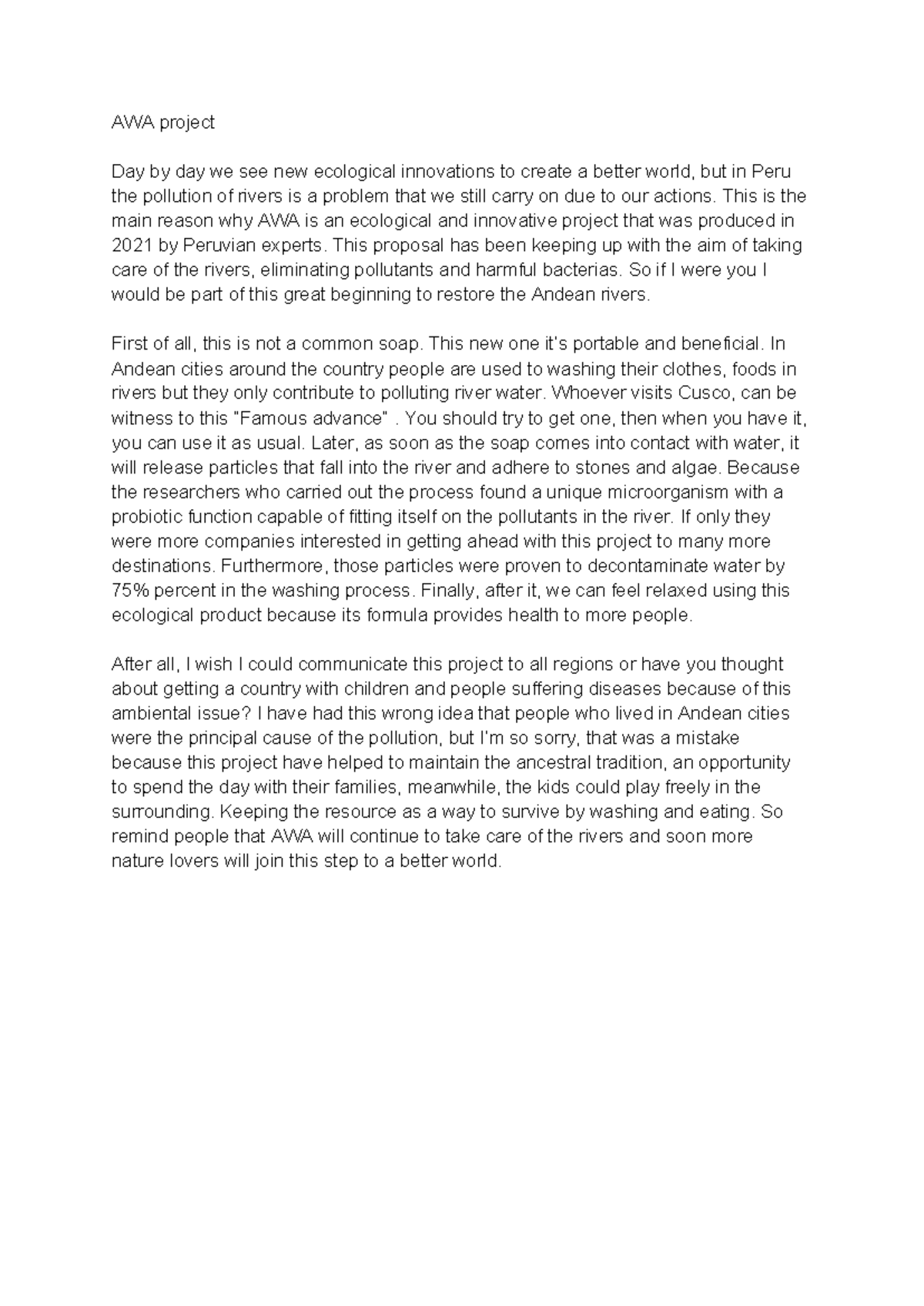 AWA project - AWA project Day by day we see new ecological innovations ...