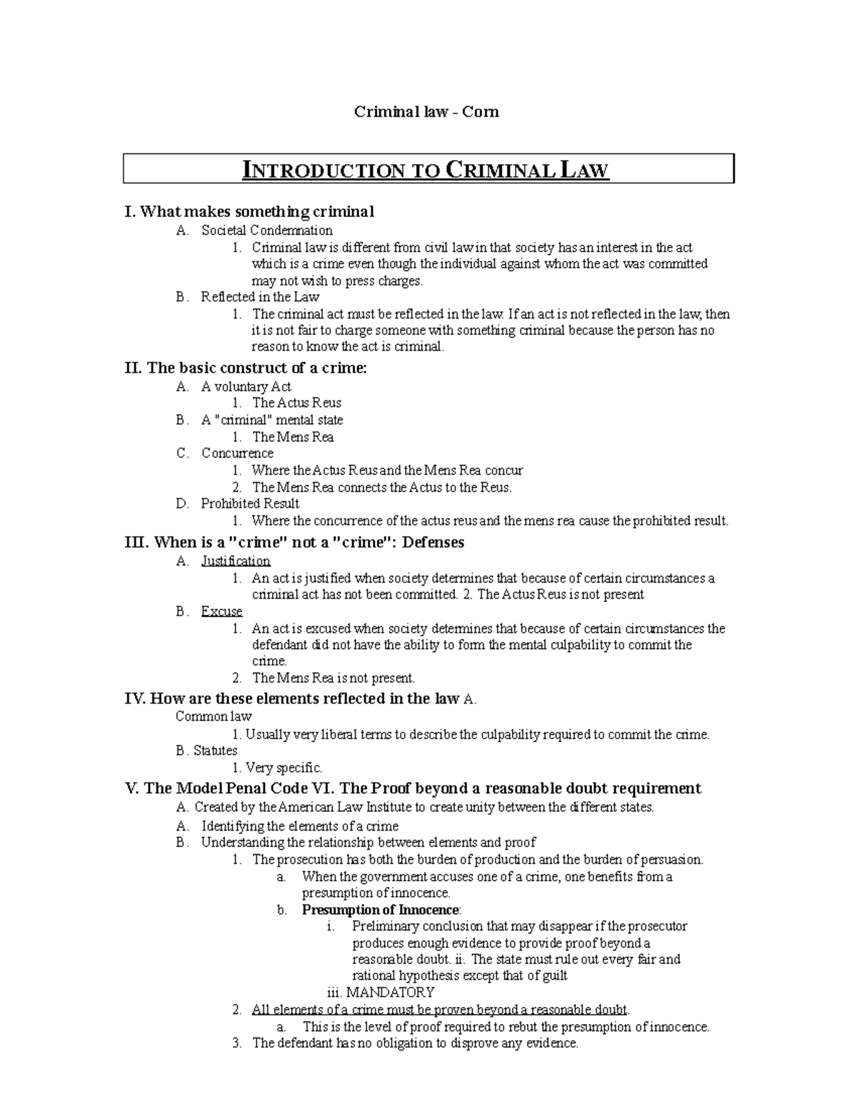 Corn Criminal Law - Criminal law - Corn I NTRODUCTION TO C RIMINAL L AW ...