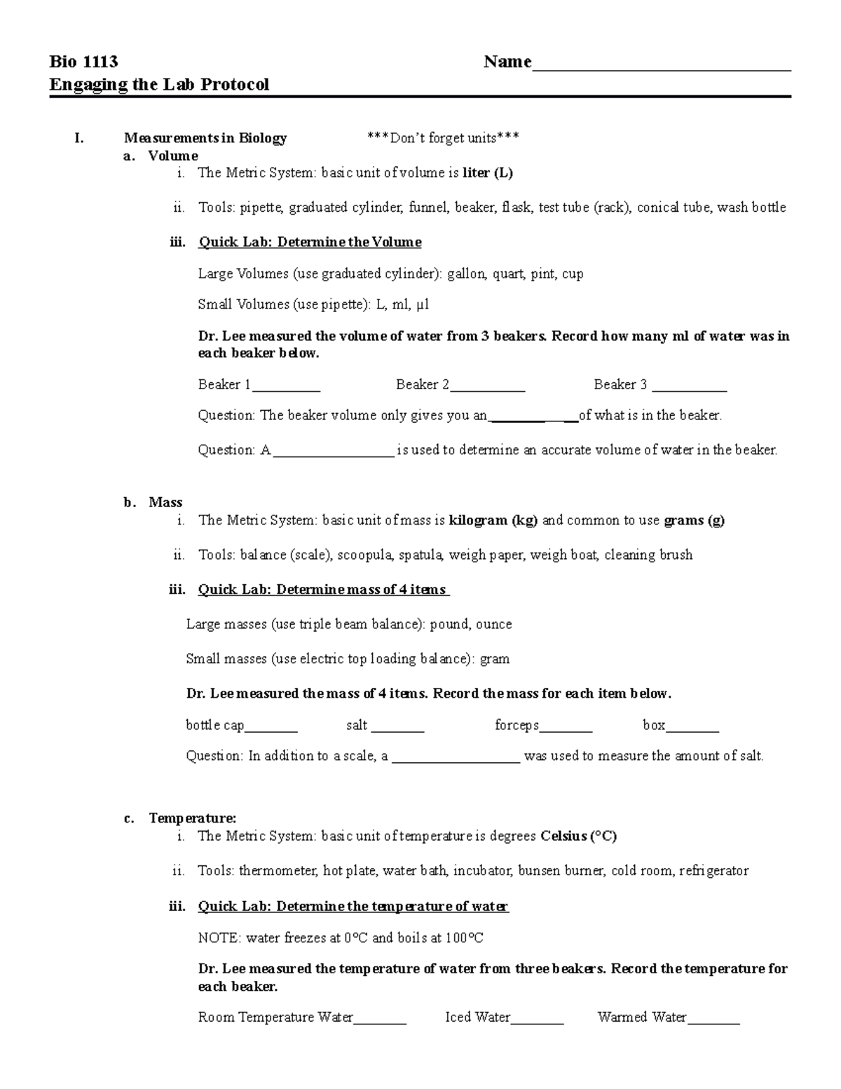 Bio 1113 Engaging the Lab Protocol volume, mass, temp, p H SU21 - Bio ...