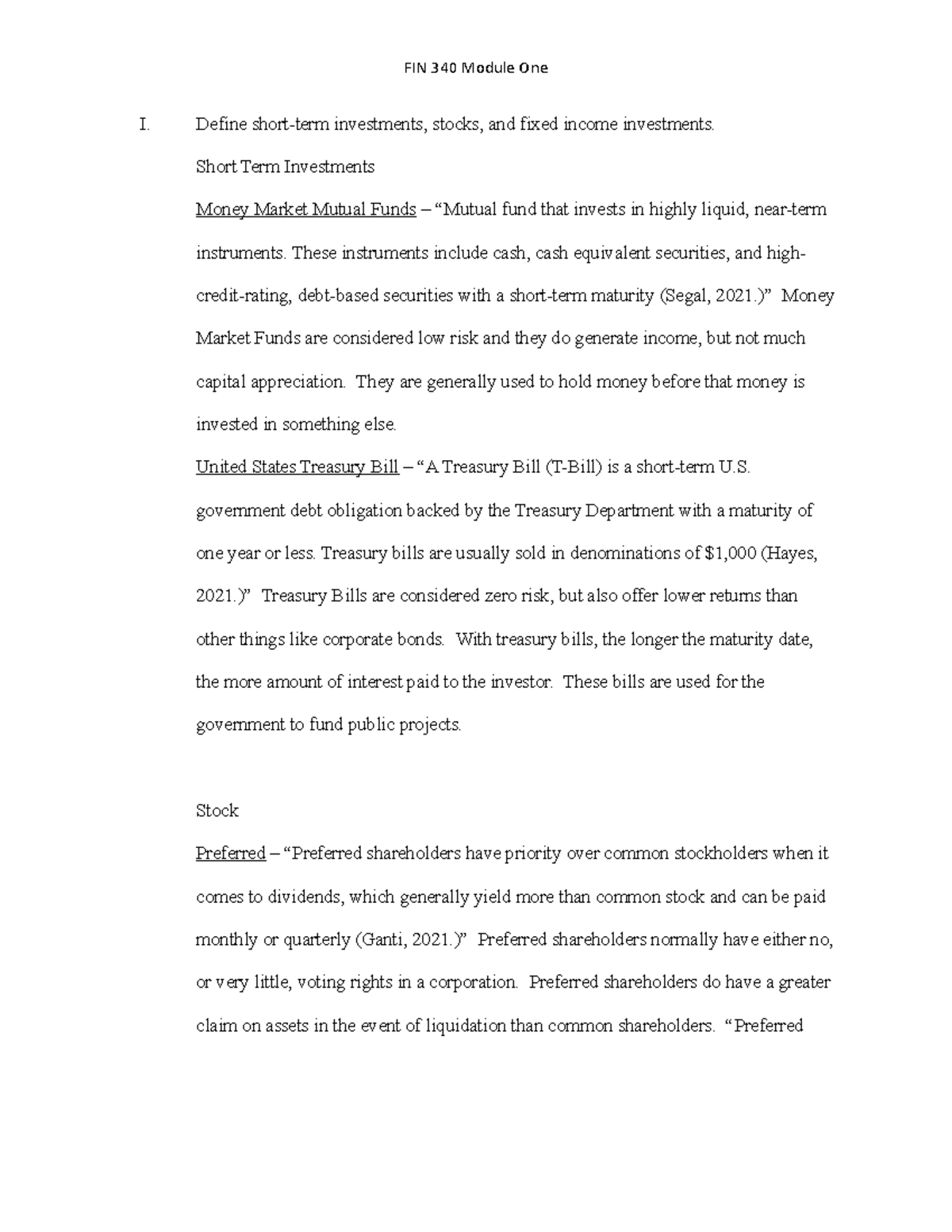 FIN 340 Journal 1 Assignment - FIN 340 Module One I. Define short-term ...