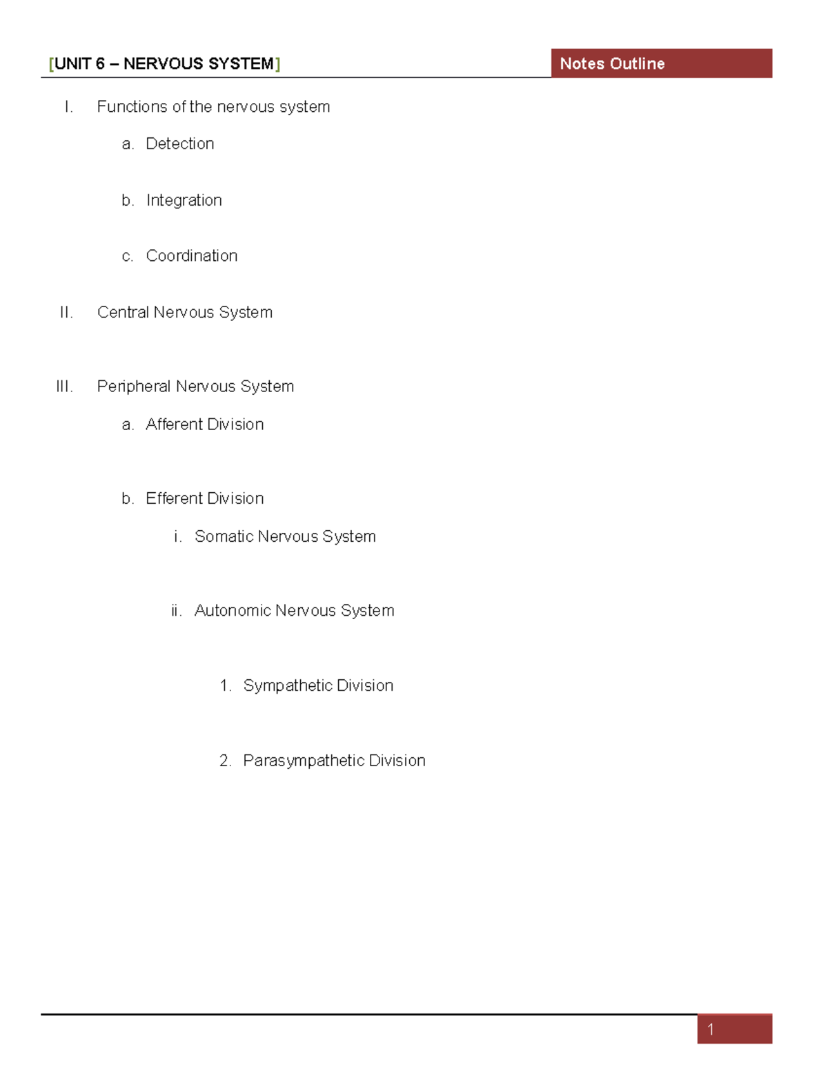 Nervous System Blank Study Guide - I. Functions of the nervous systema ...