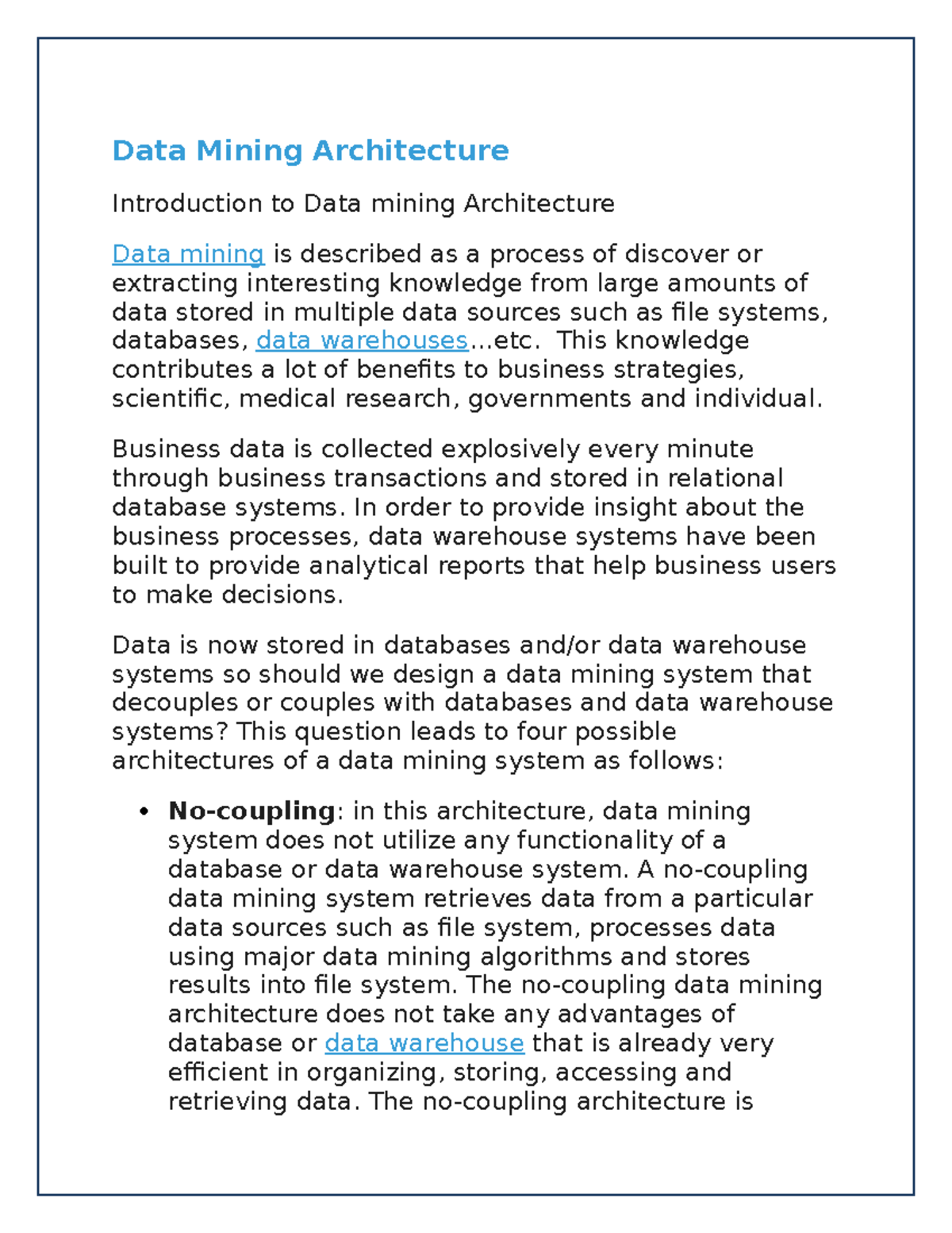 Data Mining architecture - B.Sc. Computer Science - Studocu