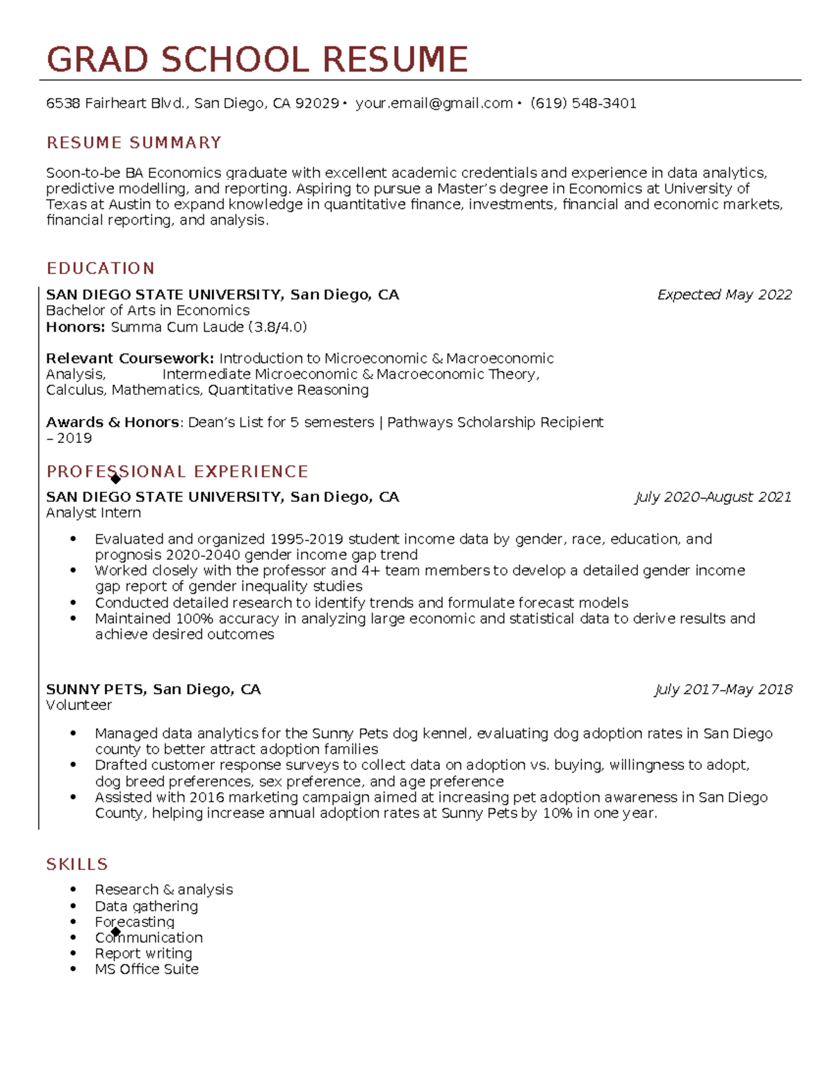 Grad School Resume Example - GRAD SCHOOL RESUME 6538 Fairheart Blvd ...