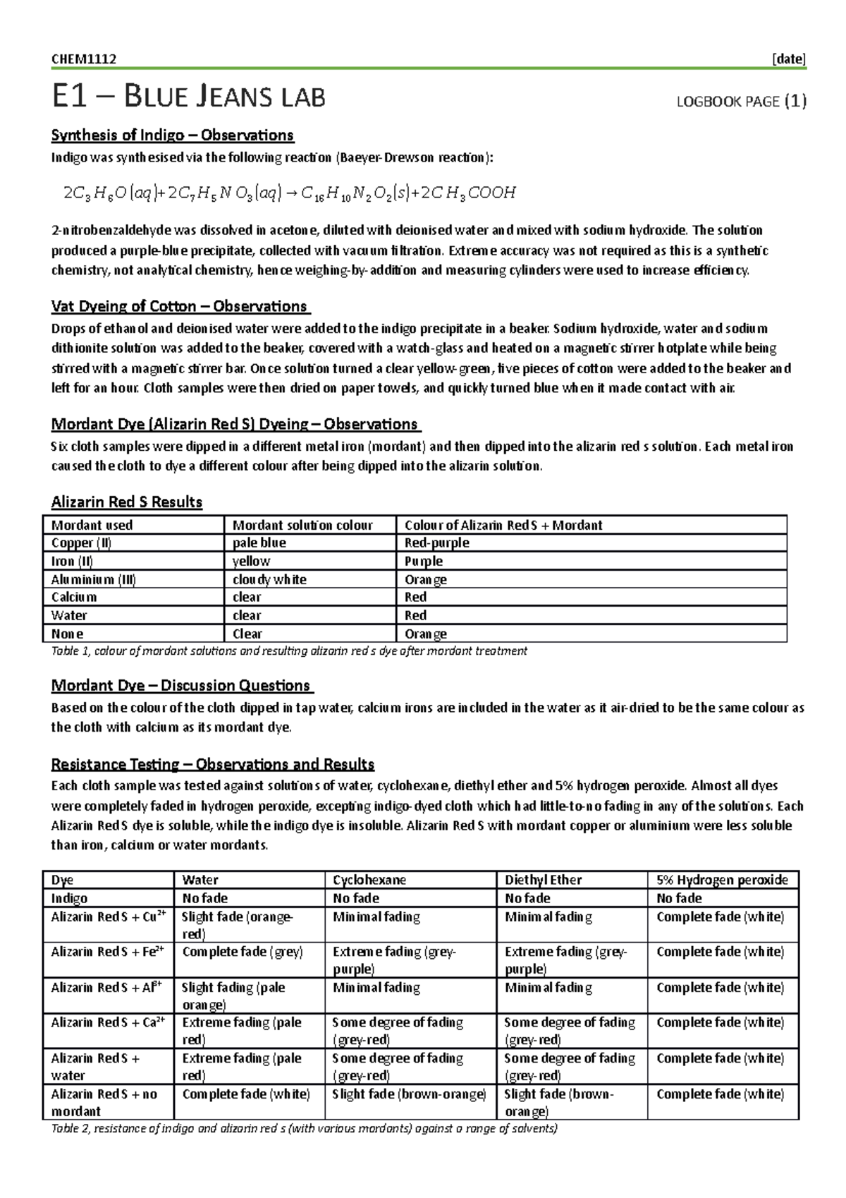CHEM1112 E1 Blue Jeans experiment logbook - CHEM1112 [date] E1 – BLUE JEANS LAB LOGBOOK PAGE (1 ...