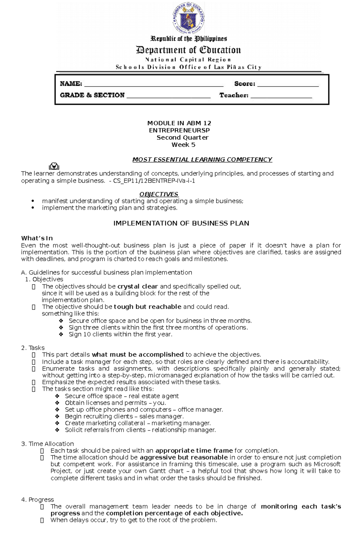 Q2 Week 5 - ADM Module - WEEK 5 - MODULE IN ABM 12 ENTREPRENEURSP ...