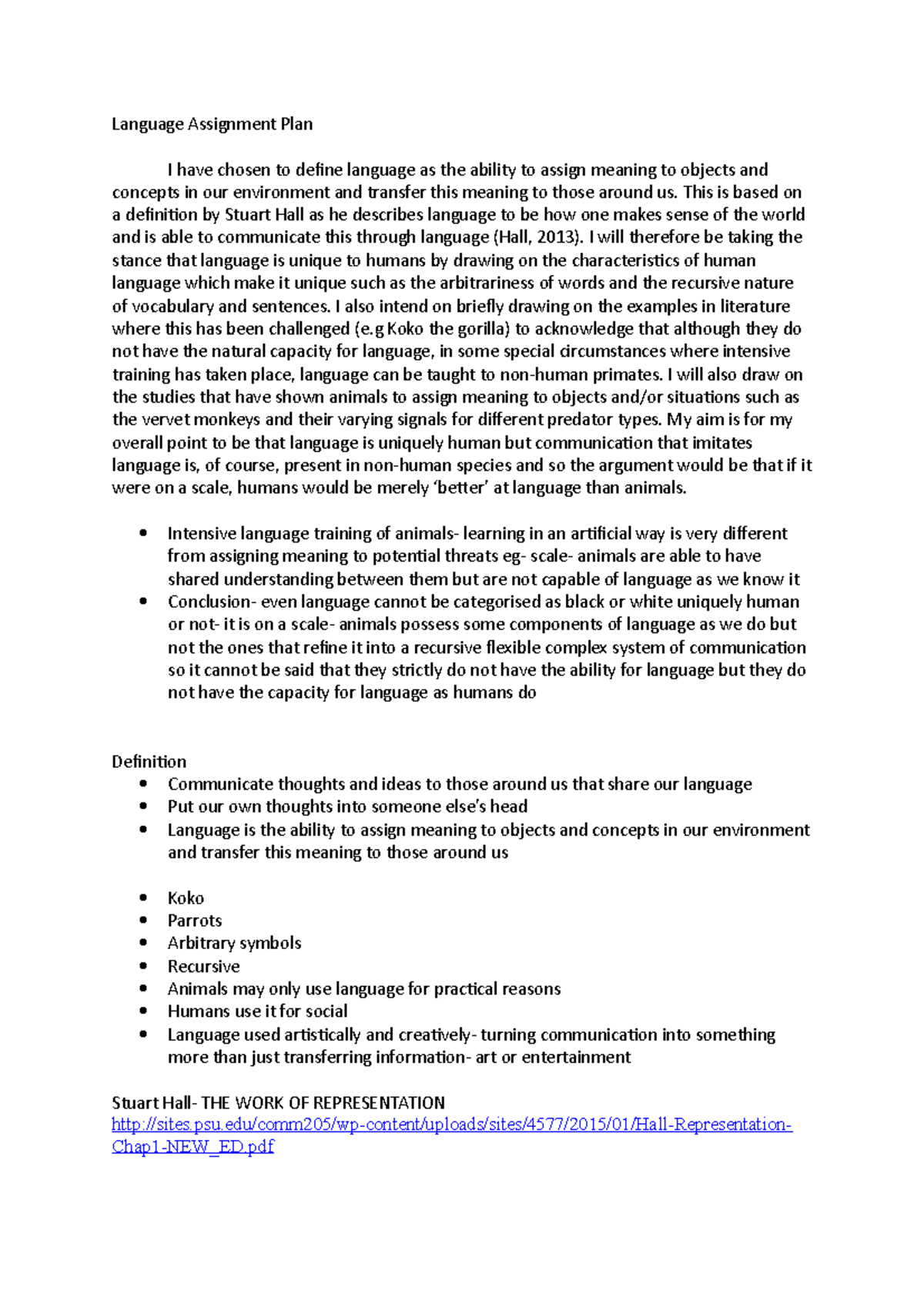 Language Assignment Plan - This is based on a definition by Stuart Hall ...