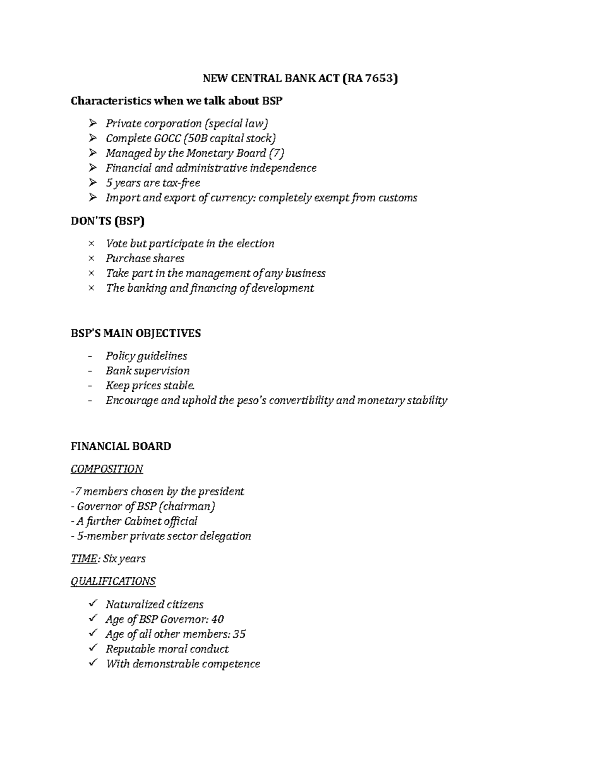 NEW Central BANK ACT - NEW CENTRAL BANK ACT (RA 7653) Characteristics ...