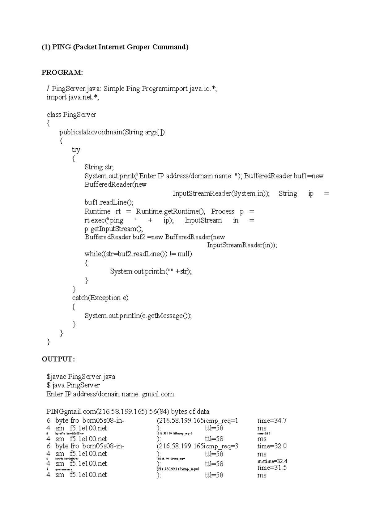 CN LAB Manual - (1) PING (Packet Internet Groper Command) PROGRAM: / PingServer: Simple Ping ...
