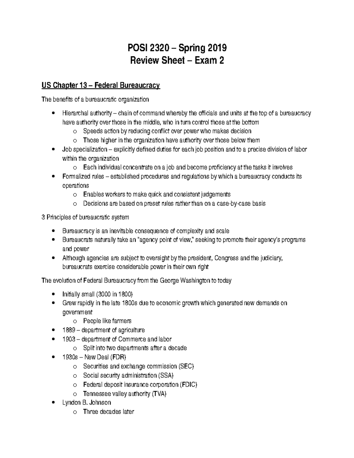 Exam 2 - Review Sheet 2320 - Spring 2019 (mine) - POSI 2320 – Spring ...