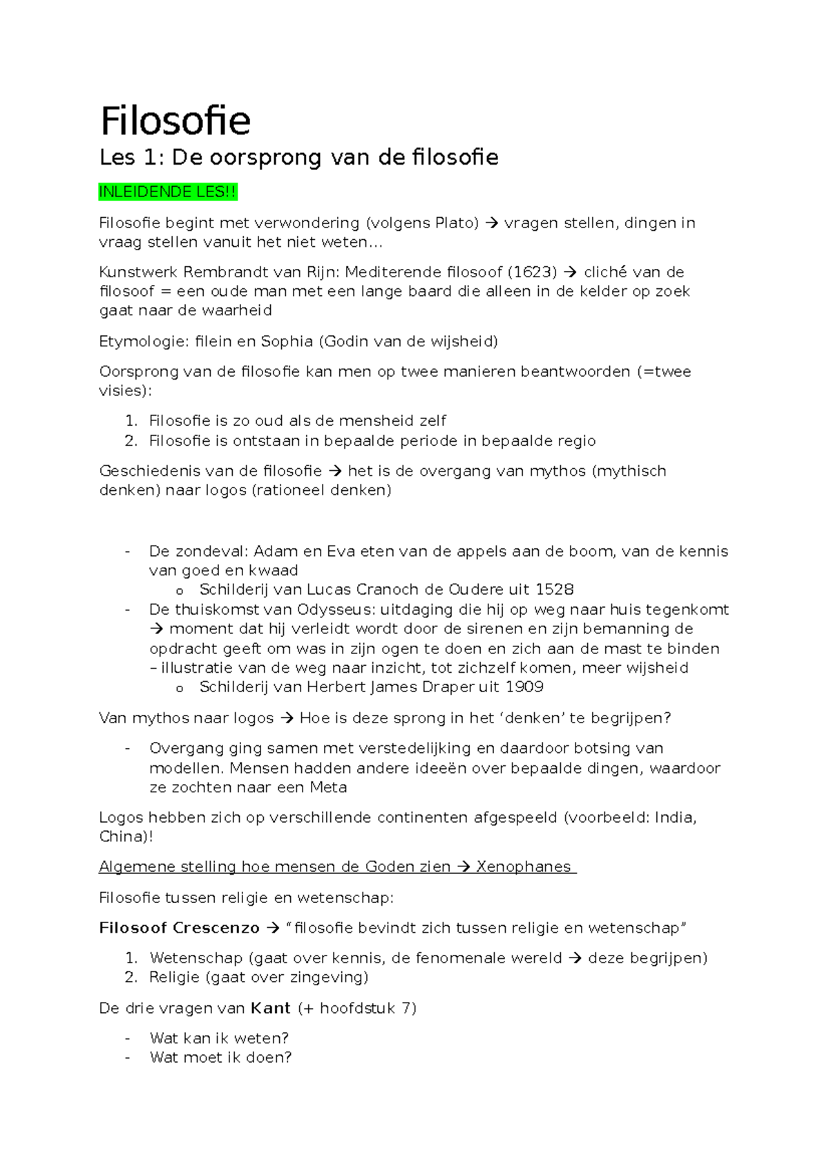 Hoofdstuk 1 - de oosprong van de filosofie - Filosofie Les 1: De oorsprong van de filosofie ...