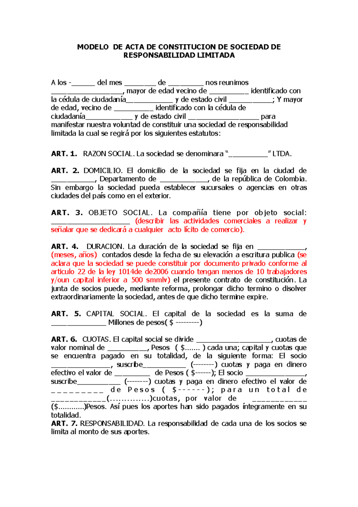 Acta constitutiva de sociedad de responsabilidad limitada - MODELO DE ACTA DE CONSTITUCION DE ...