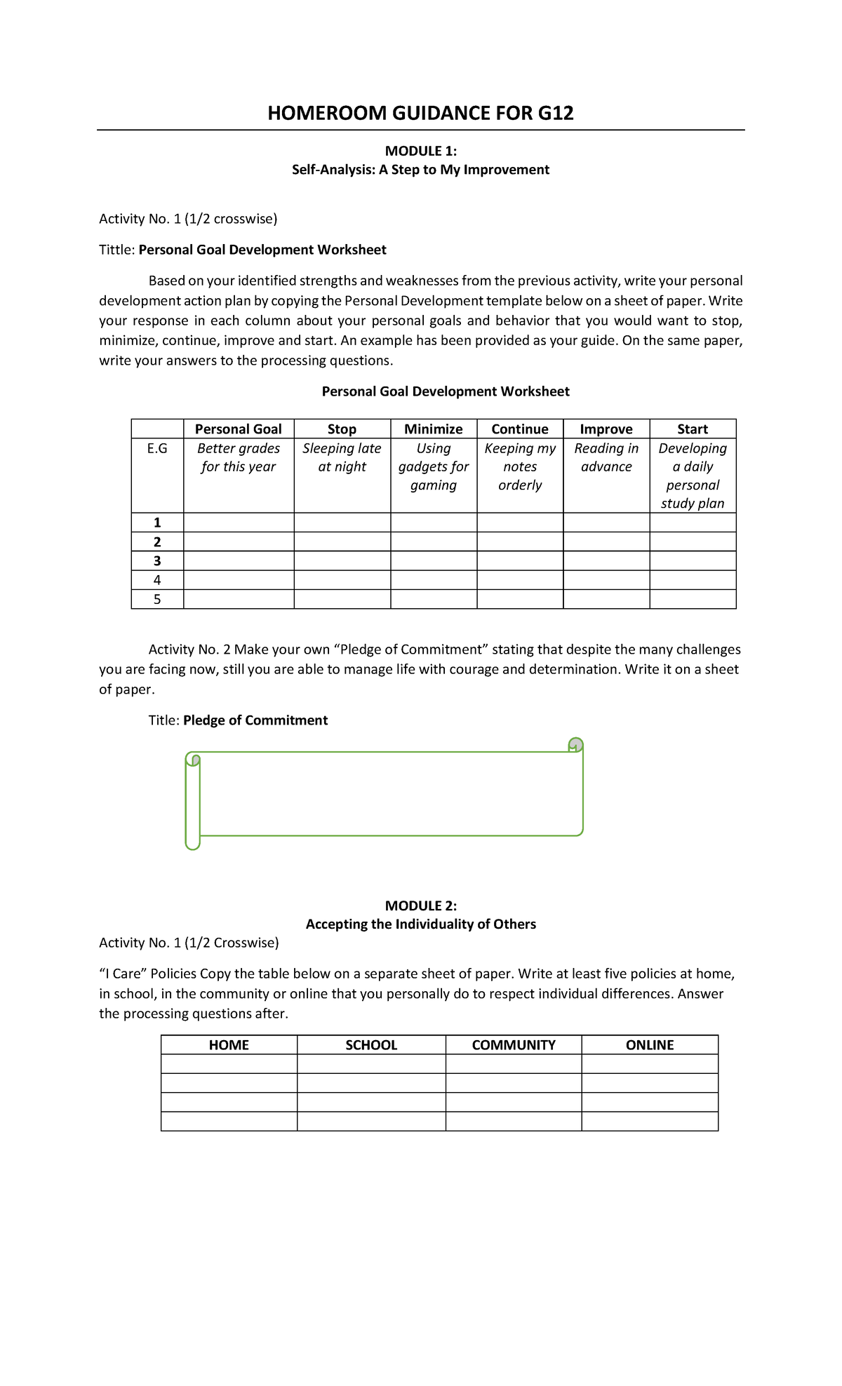 Homeroom Guidance FOR G12 - HOMEROOM GUIDANCE FOR G MODULE 1: Self ...