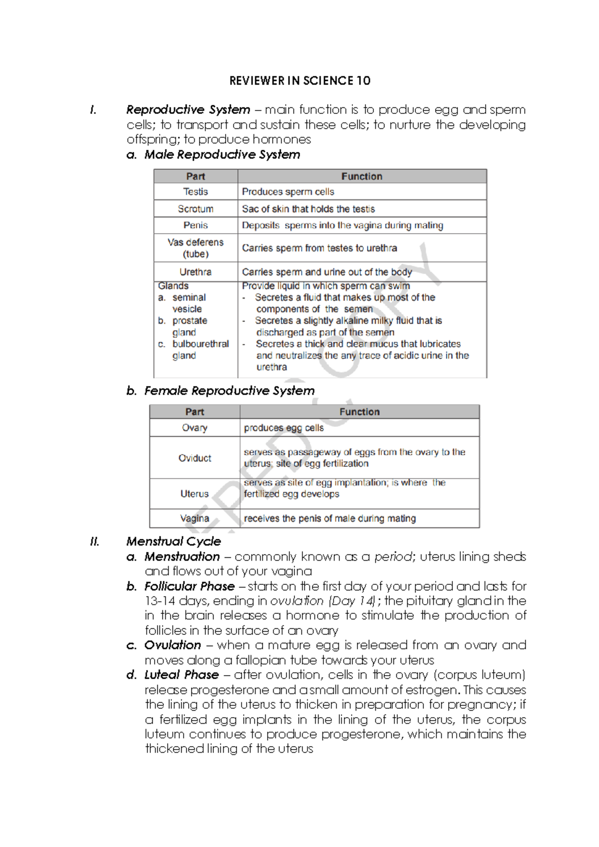 Reviewer IN Science 10 1 - REVIEWER IN SCIENCE 10 I. Reproductive ...