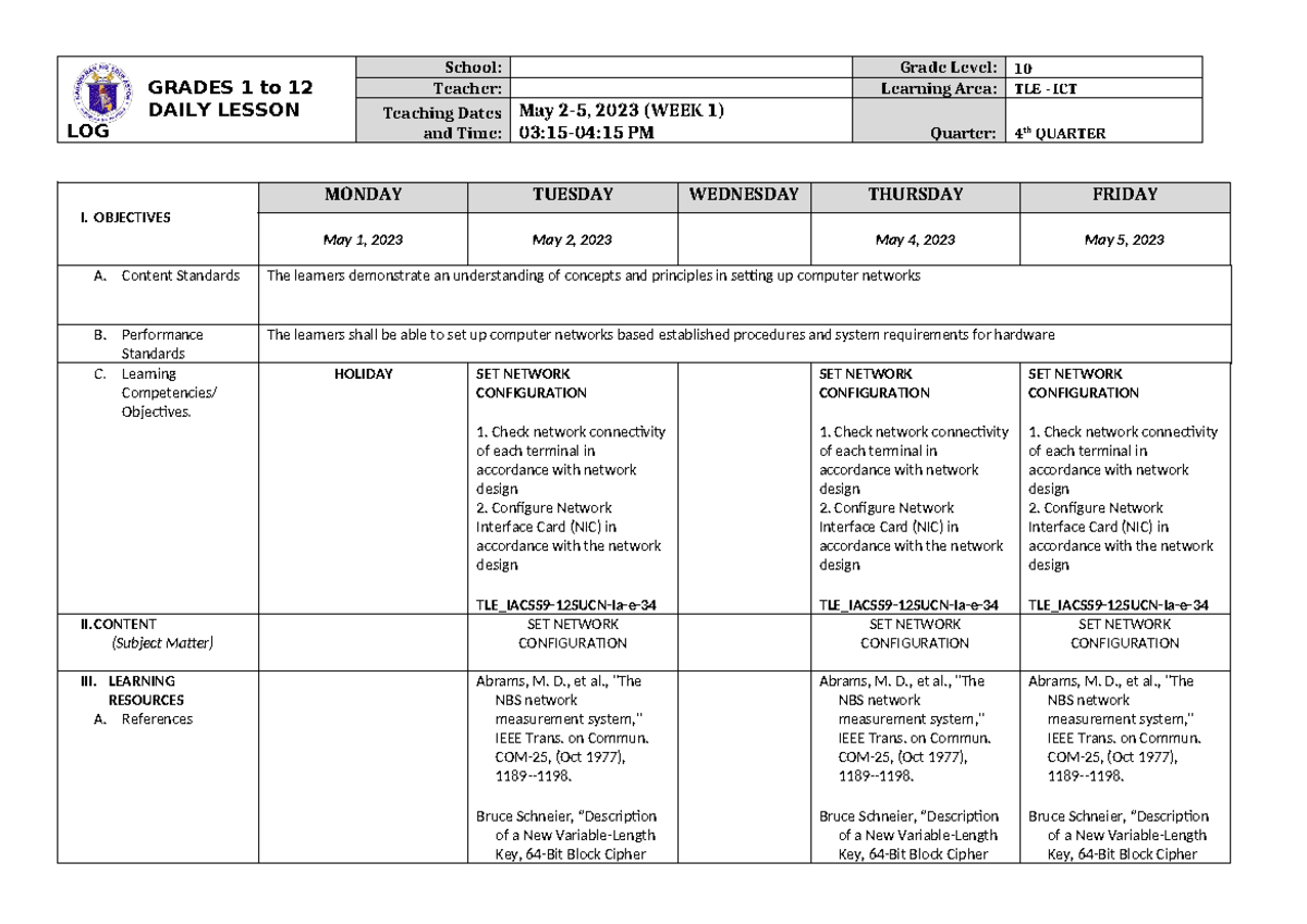 Daily lesson log - GRADES 1 to 12 DAILY LESSON LOG School: Grade Level: 10 Teacher: Learning ...