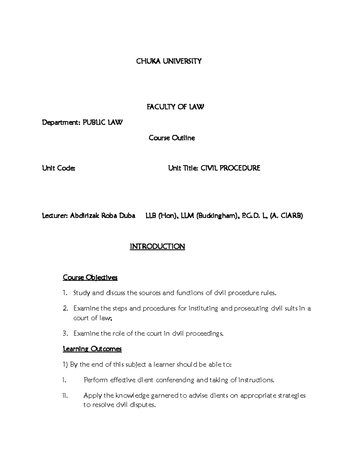 Course Outline Civil Procedure - CHUKA UNIVERSITY FACULTY OF LAW ...