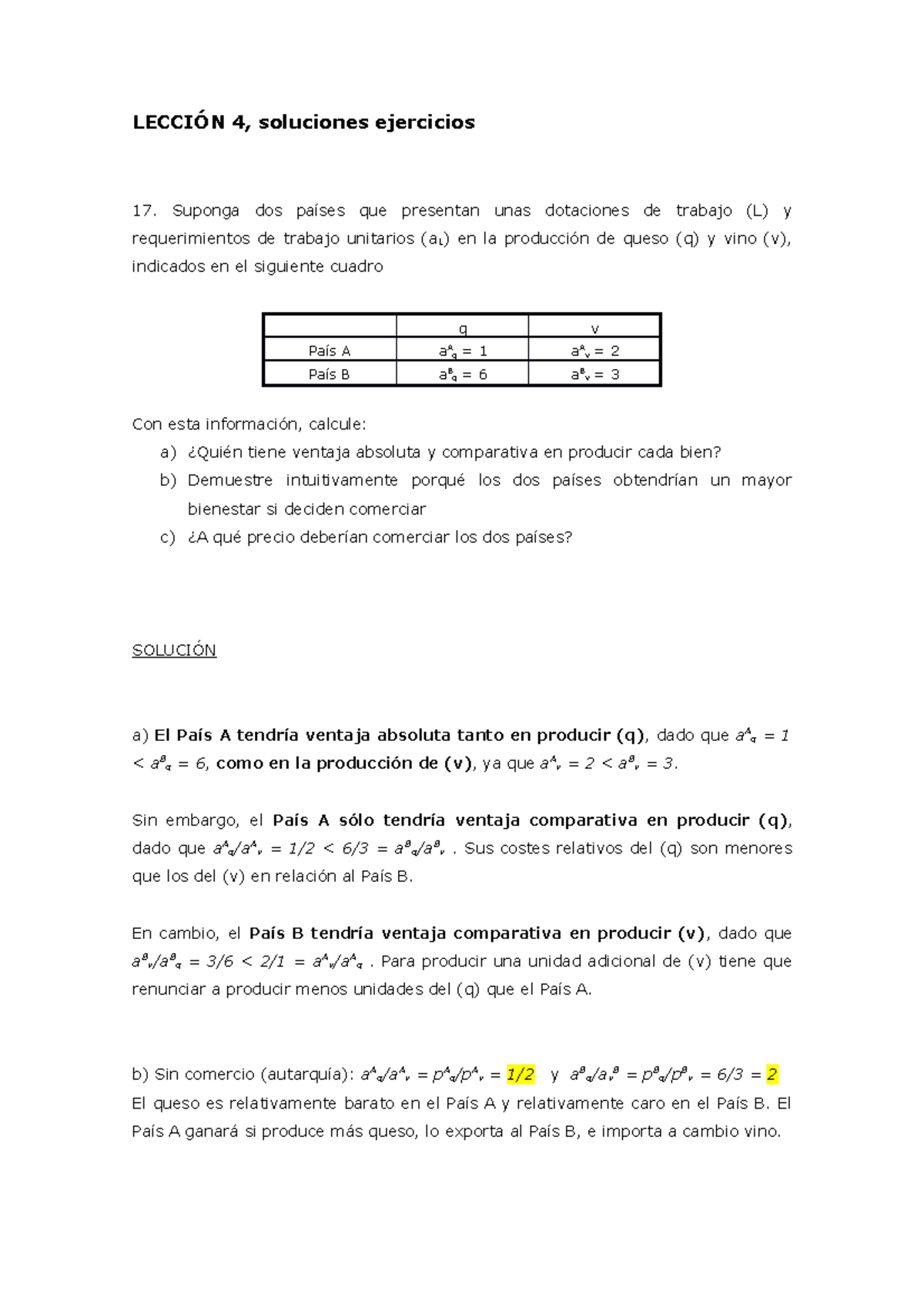 Soluciones Ejerc. Lección 4-1 - LECCIÓN 4, soluciones ejercicios Suponga dos países que ...